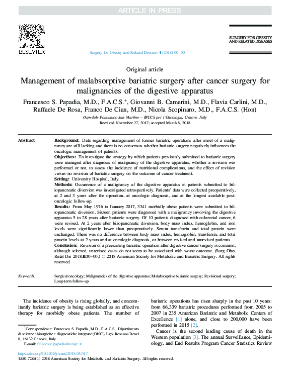 (PDF) Management of malabsorptive bariatric surgery after cancer ...