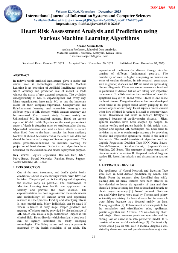 (PDF) Heart Risk Assessment Analysis and Prediction using Various Machine Learning Algorithms