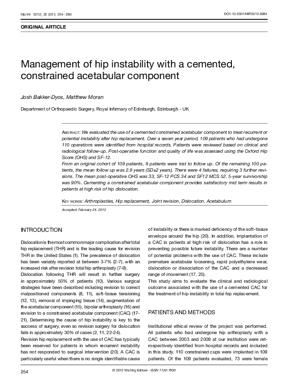 (PDF) Management of Hip Instability with a Cemented, Constrained ...