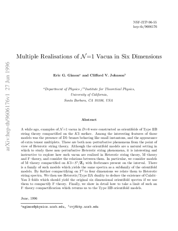 (PDF) Multiple realisations of N = 1 vacua in six dimensions | Eric ...