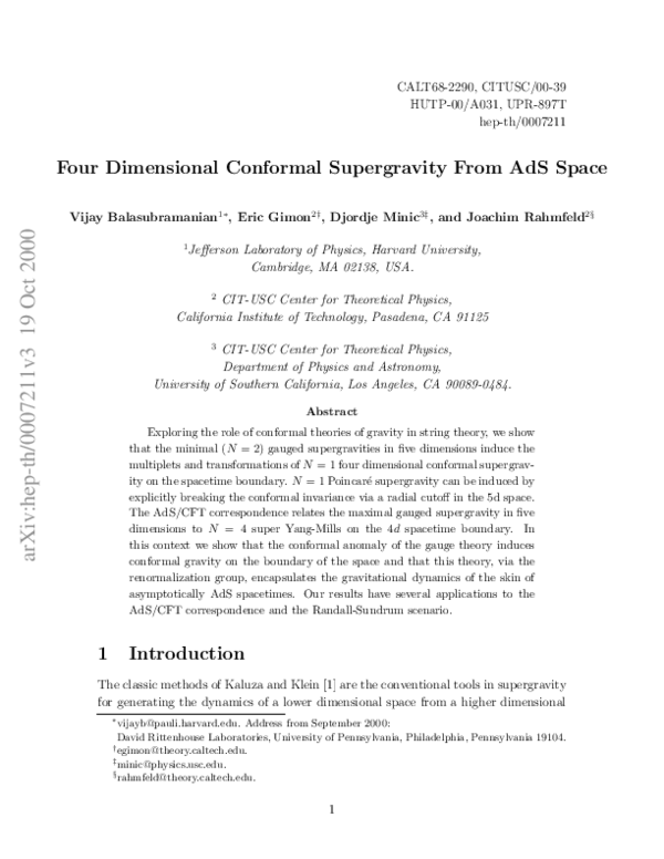 Pdf Four Dimensional Conformal Supergravity From Ads Space