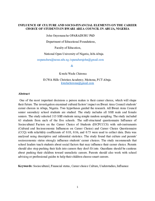 (DOC) INFLUENCE OF CULTURE AND SOCIO-FINANCIAL ELEMENTS ON THE CAREER ...