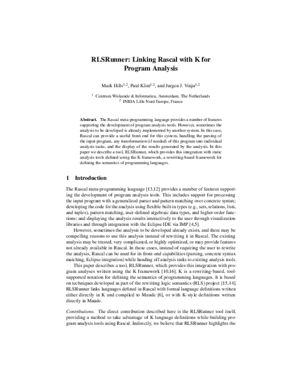 (PDF) RLSRunner: Linking Rascal with K for Program Analysis