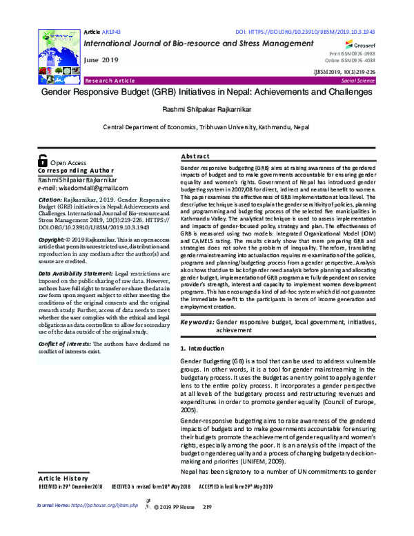 (PDF) Gender Responsive Budget (GRB) Initiatives in Nepal: Achievements and Challenges