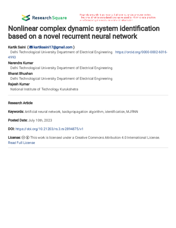 (PDF) Nonlinear complex dynamic system identification based on a novel recurrent neural network