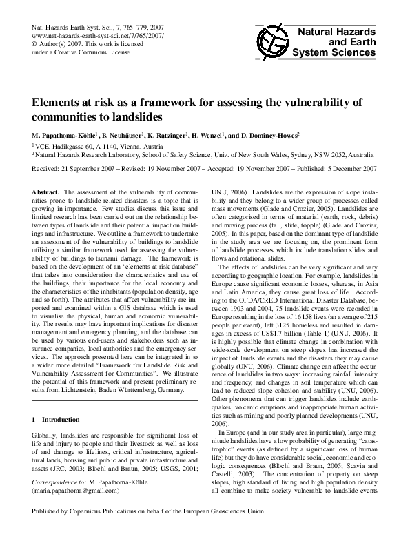 (PDF) Elements at risk as a framework for assessing the vulnerability ...