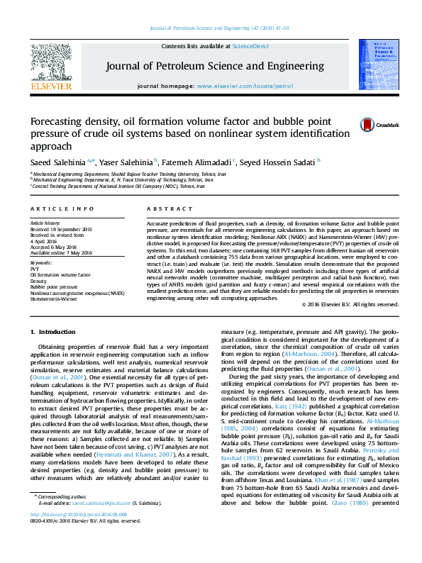 (PDF) Forecasting density, oil formation volume factor and bubble point pressure of crude oil ...