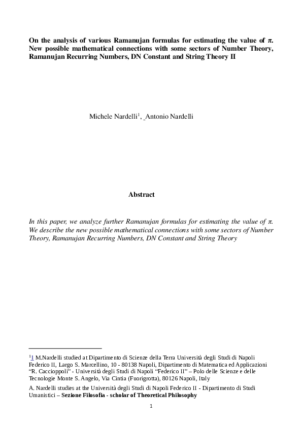(PDF) On the analysis of various Ramanujan formulas for estimating the value of π. New possible ...
