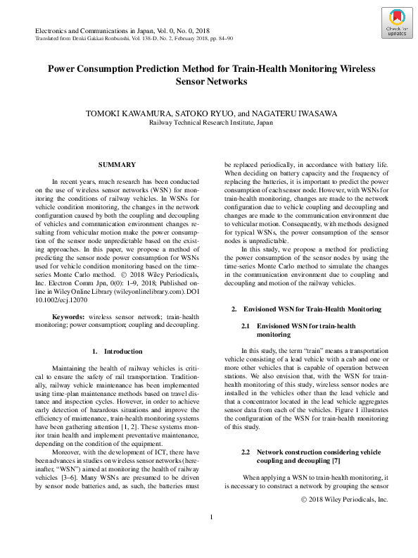 (PDF) Power Consumption Prediction Method for Train‐Health Monitoring Wireless Sensor Networks