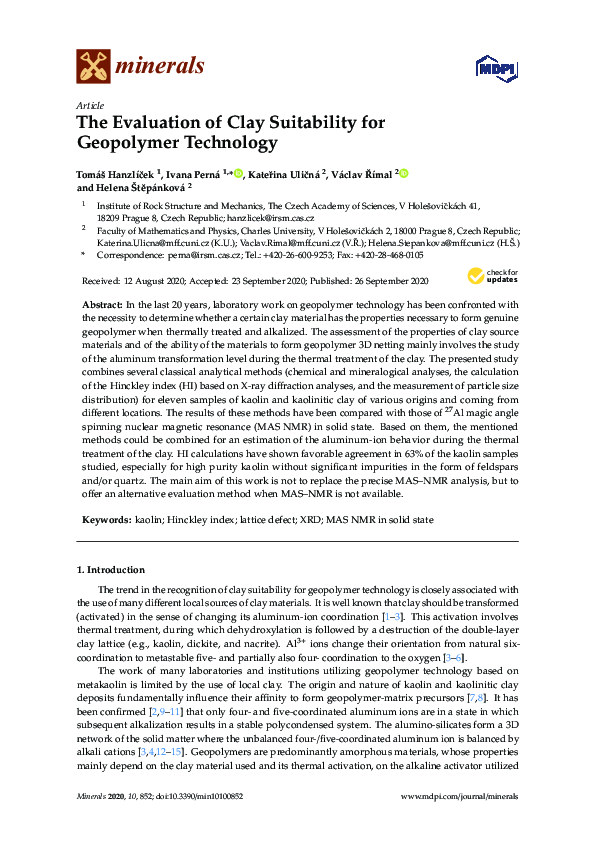 (PDF) The Evaluation of Clay Suitability for Geopolymer Technology