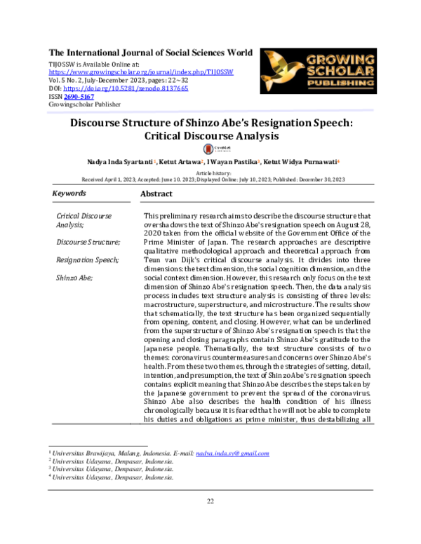 (PDF) Discourse Structure of Shinzo Abe's Resignation Speech: Critical Discourse Analysis