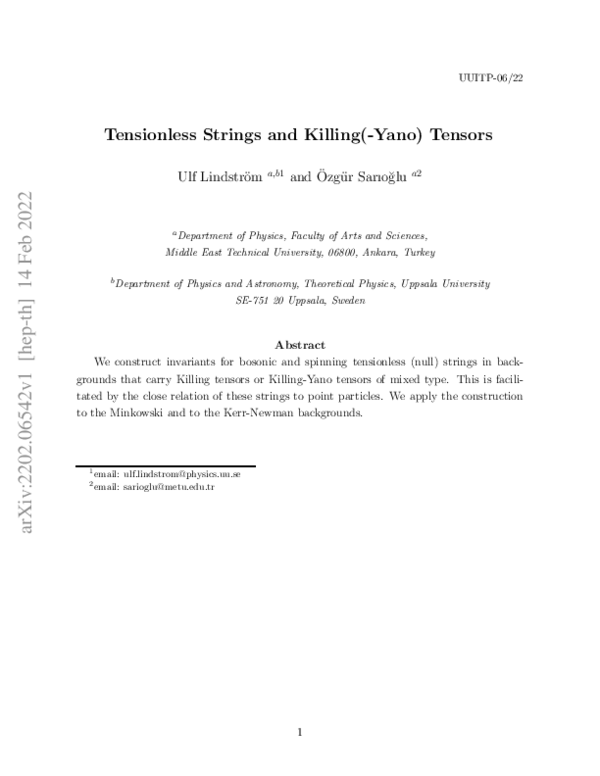 (PDF) Tensionless strings and Killing(-Yano) tensors
