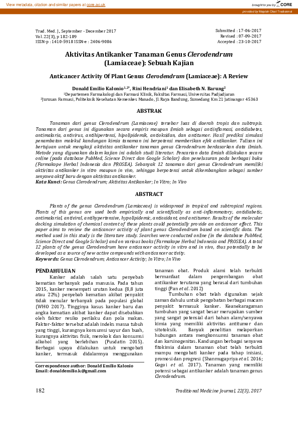 (PDF) Anticancer Activity Of Plant Genus Clerodendrum (Lamiaceae): A Review