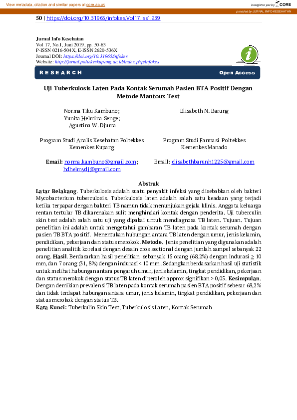 (PDF) Uji Tuberkulosis Laten Pada Kontak Serumah Pasien BTA Positif ...