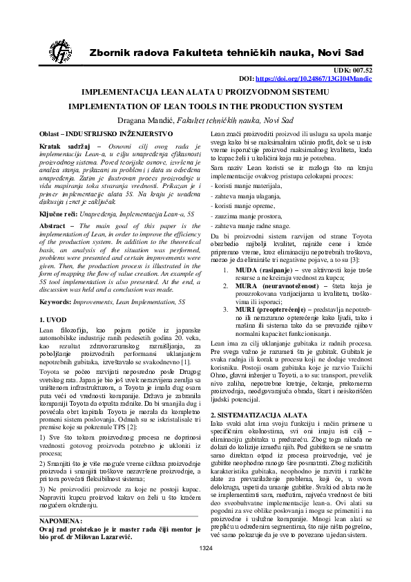 (PDF) Implementacija Lean Alata U Proizvodnom Sistemu | Dragana Mandic ...