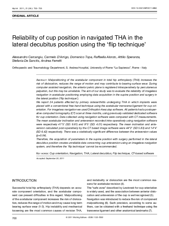 (PDF) Reliability of Cup Position in Navigated Tha in the Lateral ...