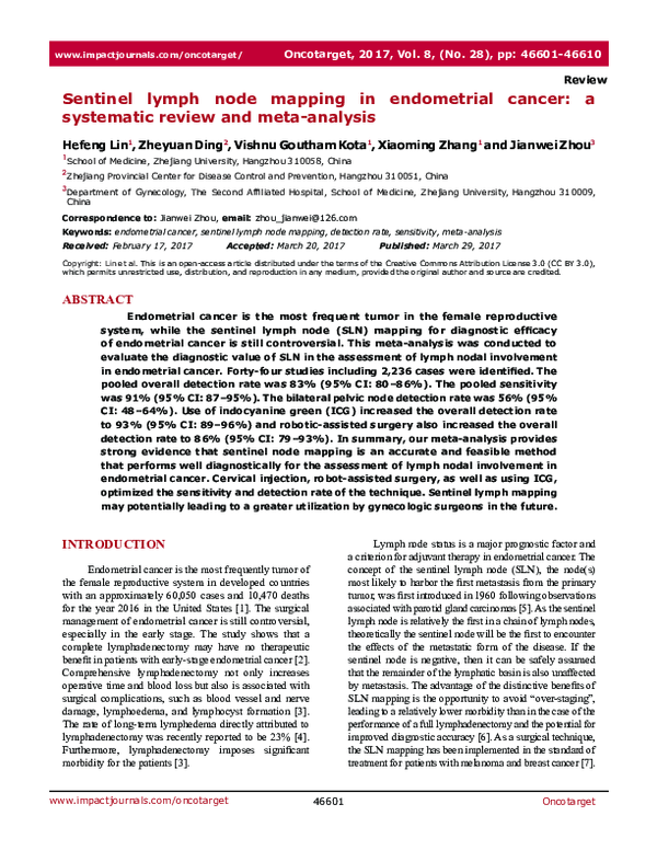 (PDF) Sentinel lymph node mapping in endometrial cancer: a systematic review and meta-analysis ...