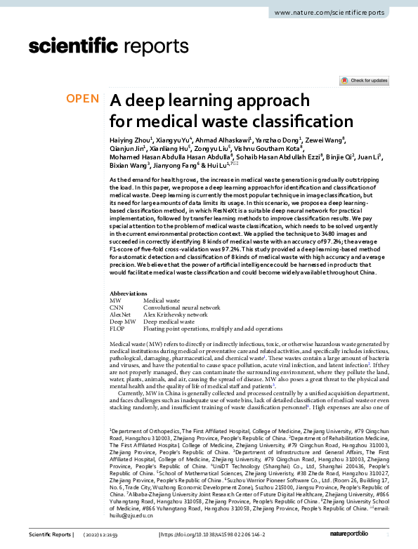 (PDF) A deep learning approach for medical waste classification