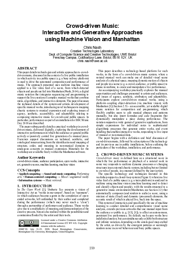 (PDF) Crowd-driven Music: Interactive and Generative Approaches using Machine Vision and Manhattan