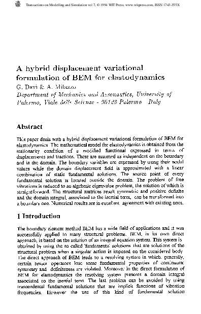 Pdf A Hybrid Displacement Variational Formulation Of Bem For