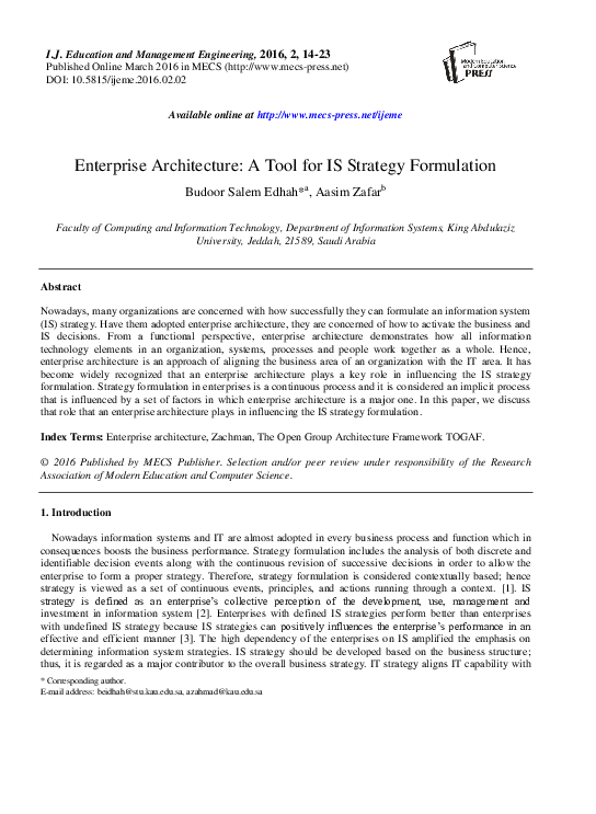(PDF) Enterprise Architecture: A Tool for IS Strategy Formulation