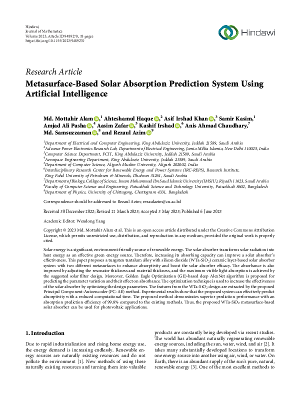 (PDF) Metasurface-Based Solar Absorption Prediction System Using Artificial Intelligence
