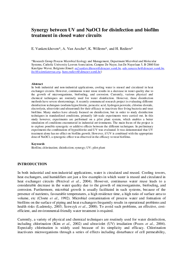 (PDF) Synergy between UV and NaOCl for disinfection and biofilm treatment in closed water ...