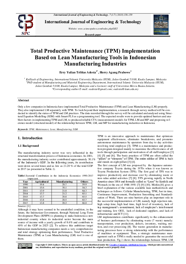 (PDF) Total Productive Maintenance (TPM) Implementation Based on Lean Manufacturing Tools in ...
