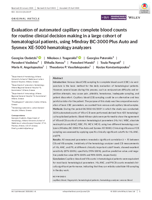 (PDF) Evaluation of automated capillary complete blood counts for ...