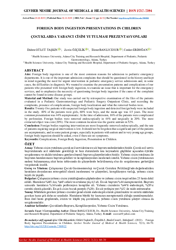 (PDF) Foreign Body Ingestion Presentations in Children