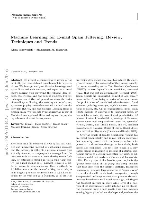 (PDF) Machine Learning for E-mail Spam Filtering: Review,Techniques and ...