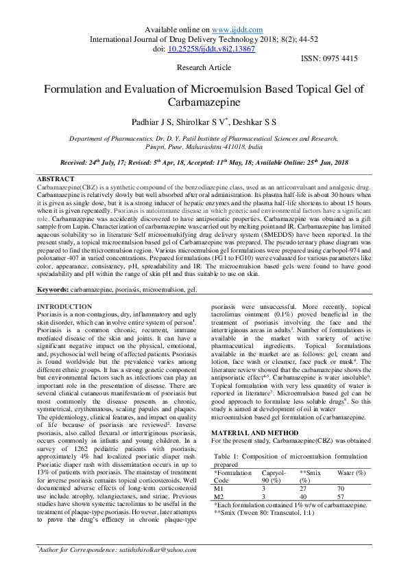 (PDF) Topical Microemulsion Gel of Carbamazepine