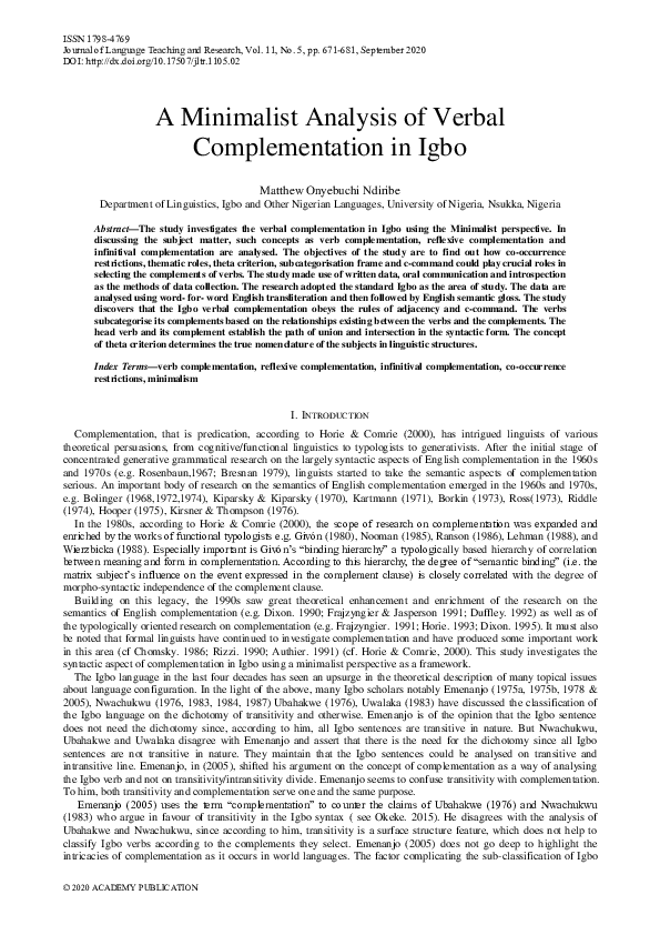 (PDF) A Minimalist Analysis of Verbal Complementation in Igbo
