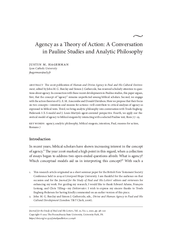 (PDF) Agency as a Theory of Action: A Conversation in Pauline Studies ...