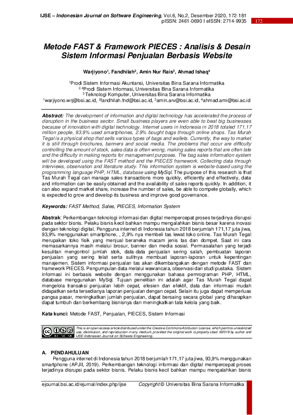 (PDF) Metode FAST & Framework PIECES : Analisis & Desain Sistem Informasi Penjualan Berbasis ...