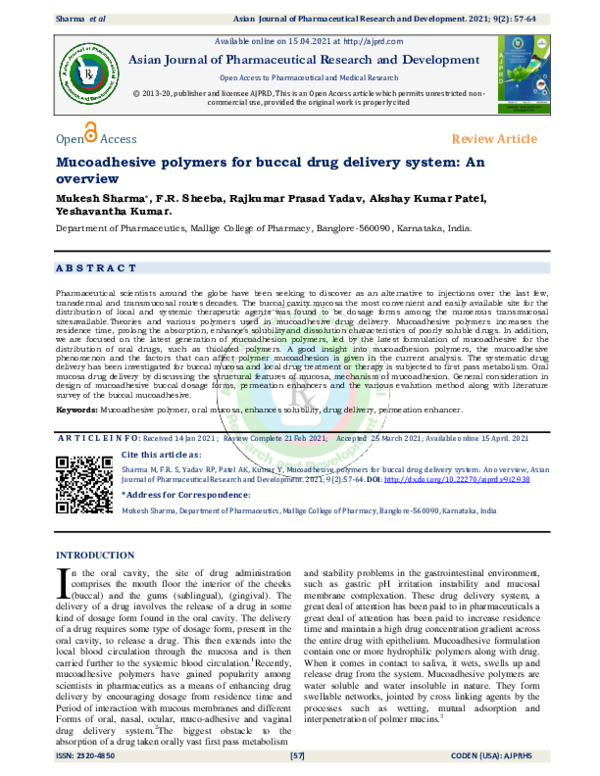(PDF) Mucoadhesive polymers for buccal drug delivery system: An overview