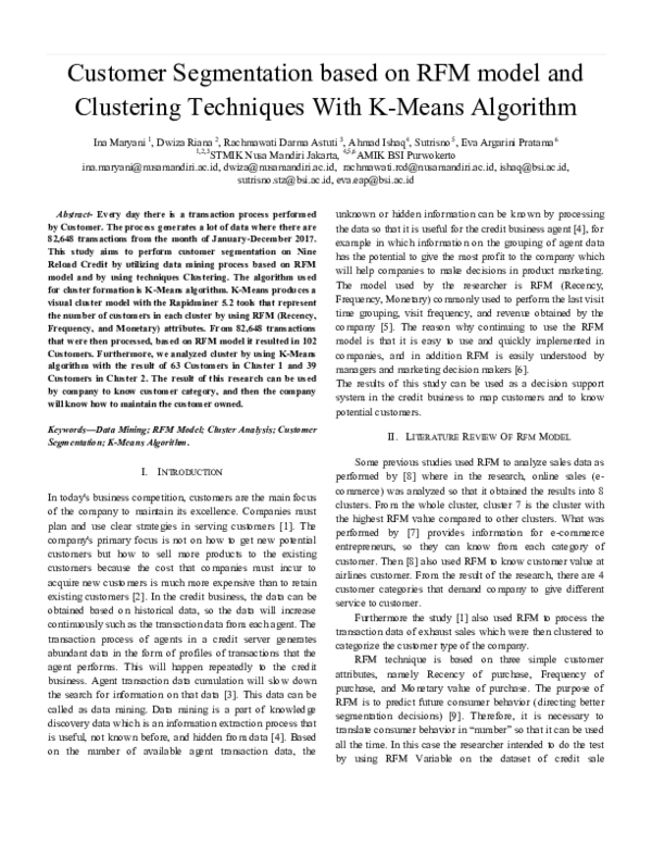 Pdf Customer Segmentation Based On Rfm Model And Clustering Techniques With K Means Algorithm