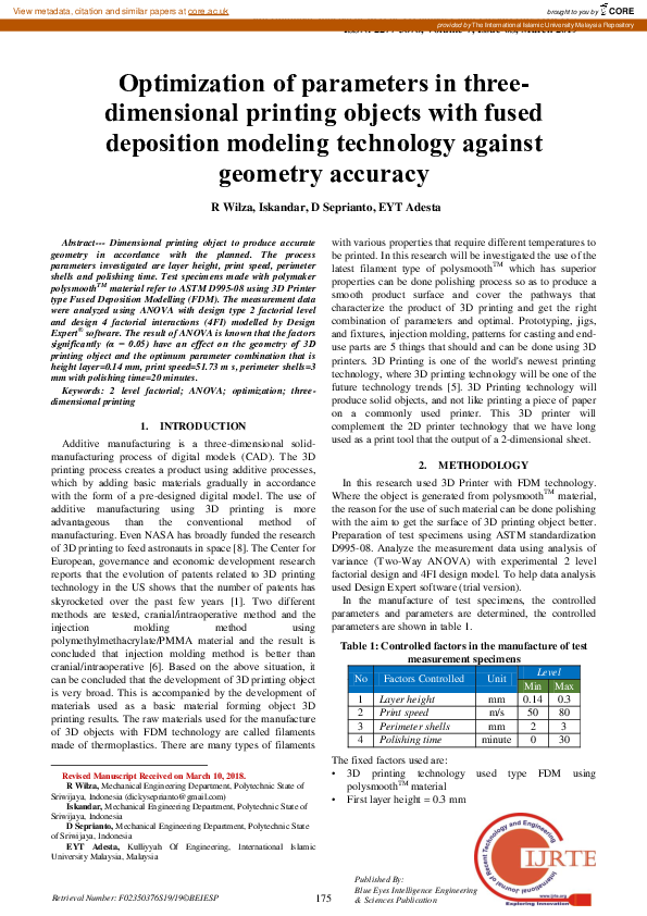 (PDF) Optimization of parameters in three dimensional printing objects ...