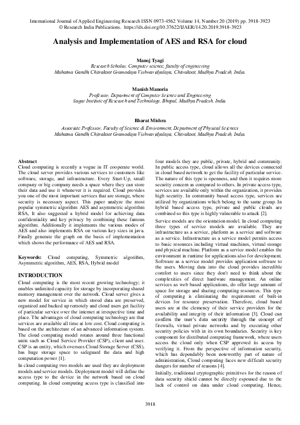 (PDF) Analysis and Implementation of AES and RSA for cloud