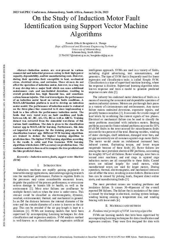 (PDF) On the Study of Induction Motor Fault Identification using Support Vector Machine Algorithms