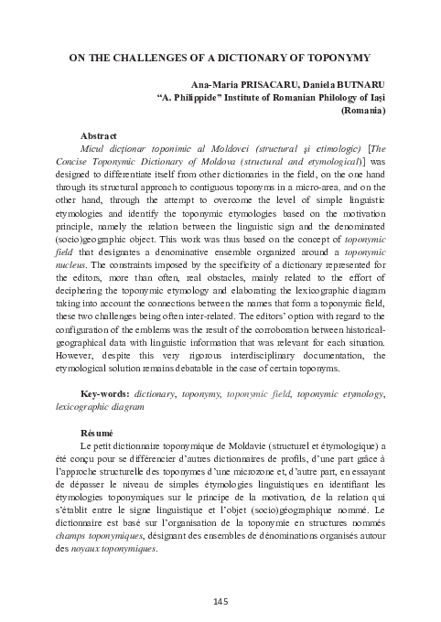 (PDF) On the Challenges of a Dictionary of Toponymy