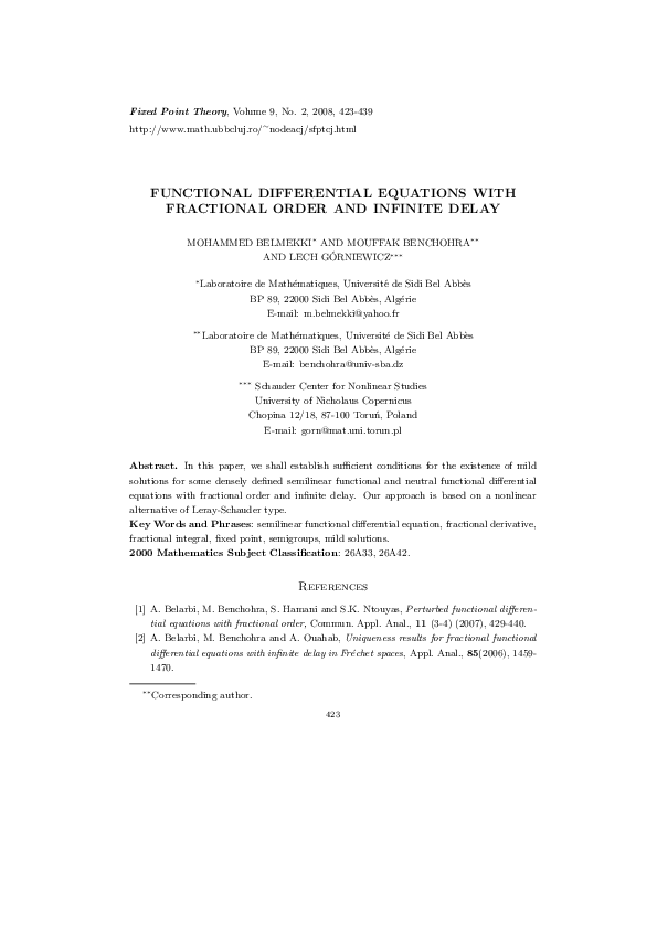 Pdf Functional Differential Equations With Fractional Order And Infinite Delay