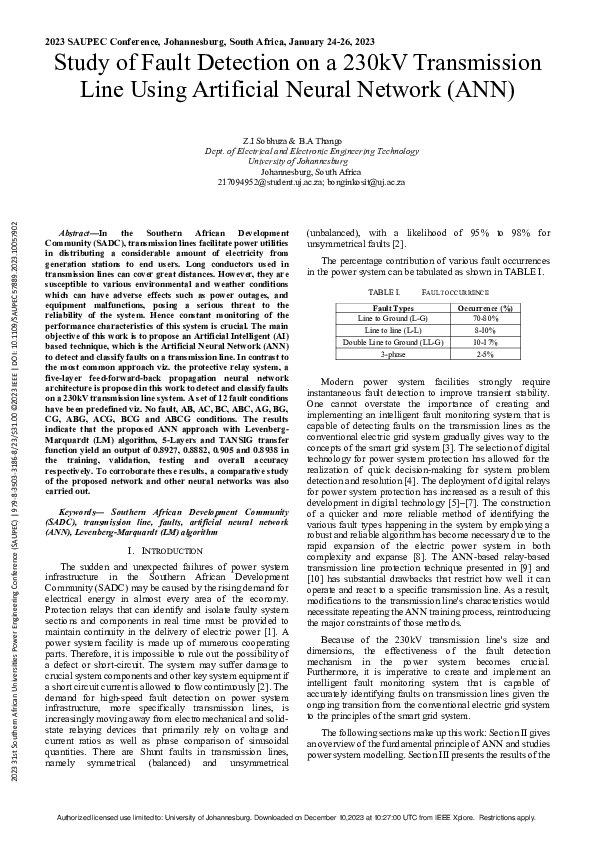 (PDF) Study of Fault Detection on a 230kV Transmission Line Using Artificial Neural Network (ANN)