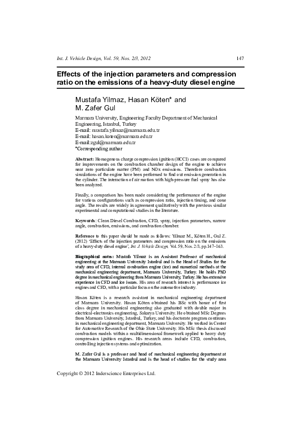 (PDF) Effects of the injection parameters and compression ratio on the emissions of a heavy-duty ...