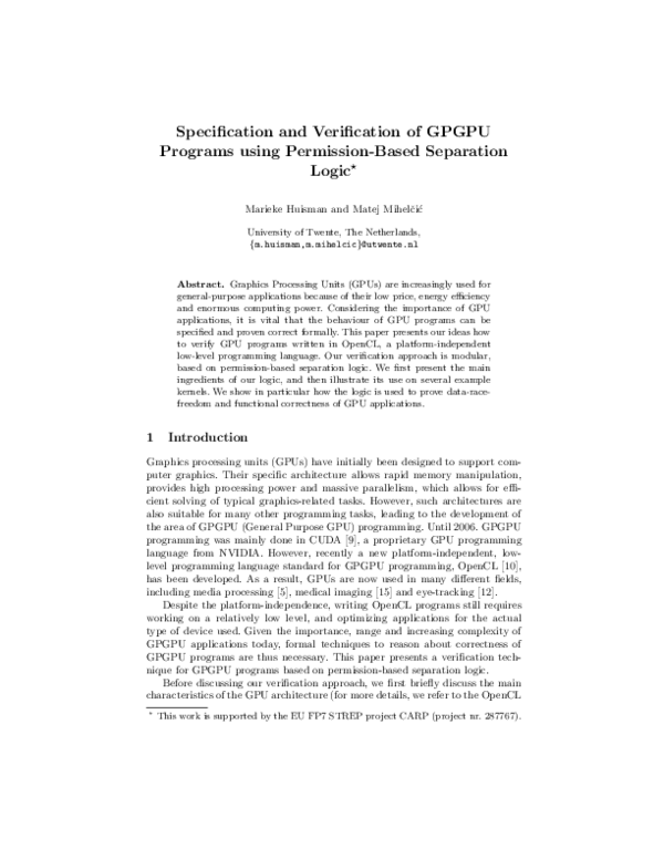 (PDF) Specification and Verification of GPGPU Programs using Permission-Based Separation Logic