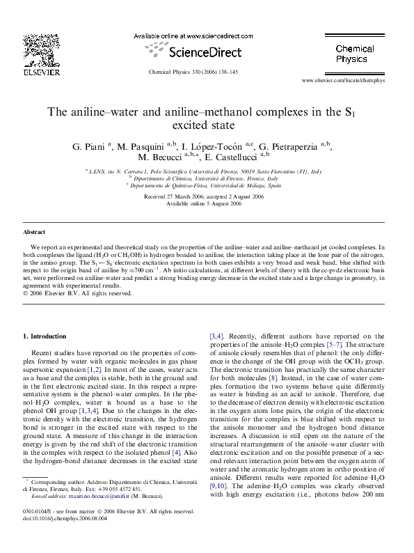 (PDF) Excited State Properties of Aniline-Water and Aniline-Methanol