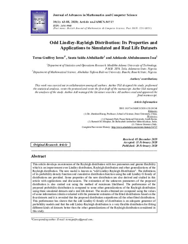 (PDF) Odd Lindley-Rayleigh Distribution: Its Properties and Applications to Simulated and Real ...