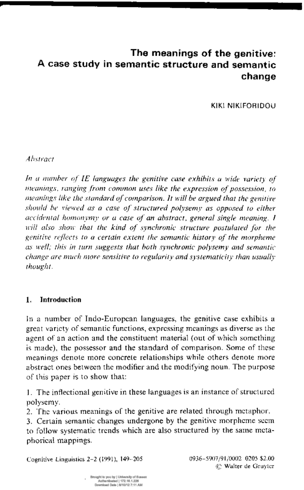 (PDF) The meanings of the genitive: A case study in semantic structure and semantic change