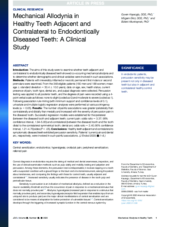 (PDF) Mechanical Allodynia in Healthy Teeth Adjacent and Contralateral ...