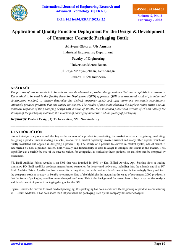 Pdf Application Of Quality Function Deployment For The Design And Development Of Consumer